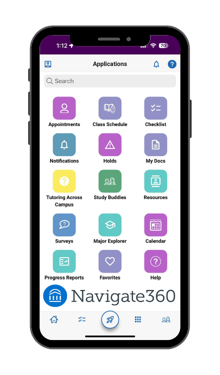 Smartphone showing the Navigate360 Student app homepage
